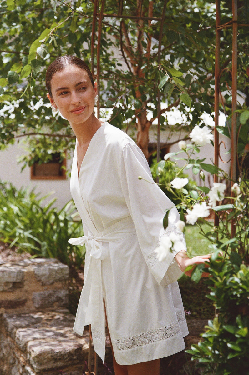 Giselle Bridal Robe - Cotton Modal Off White + Insert Trim – Piyama