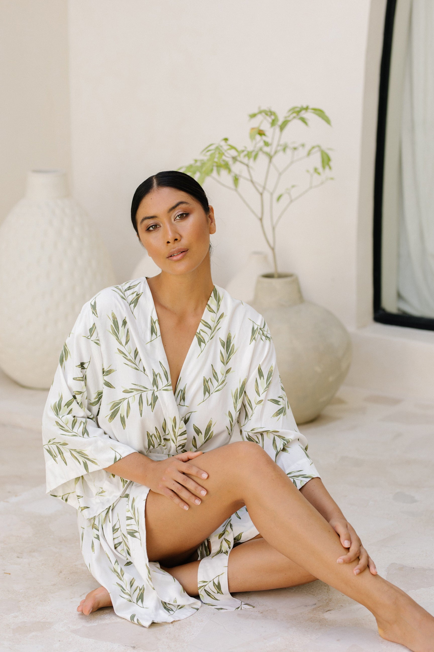 Short Kimono Robe - Olive Leaf – Piyama